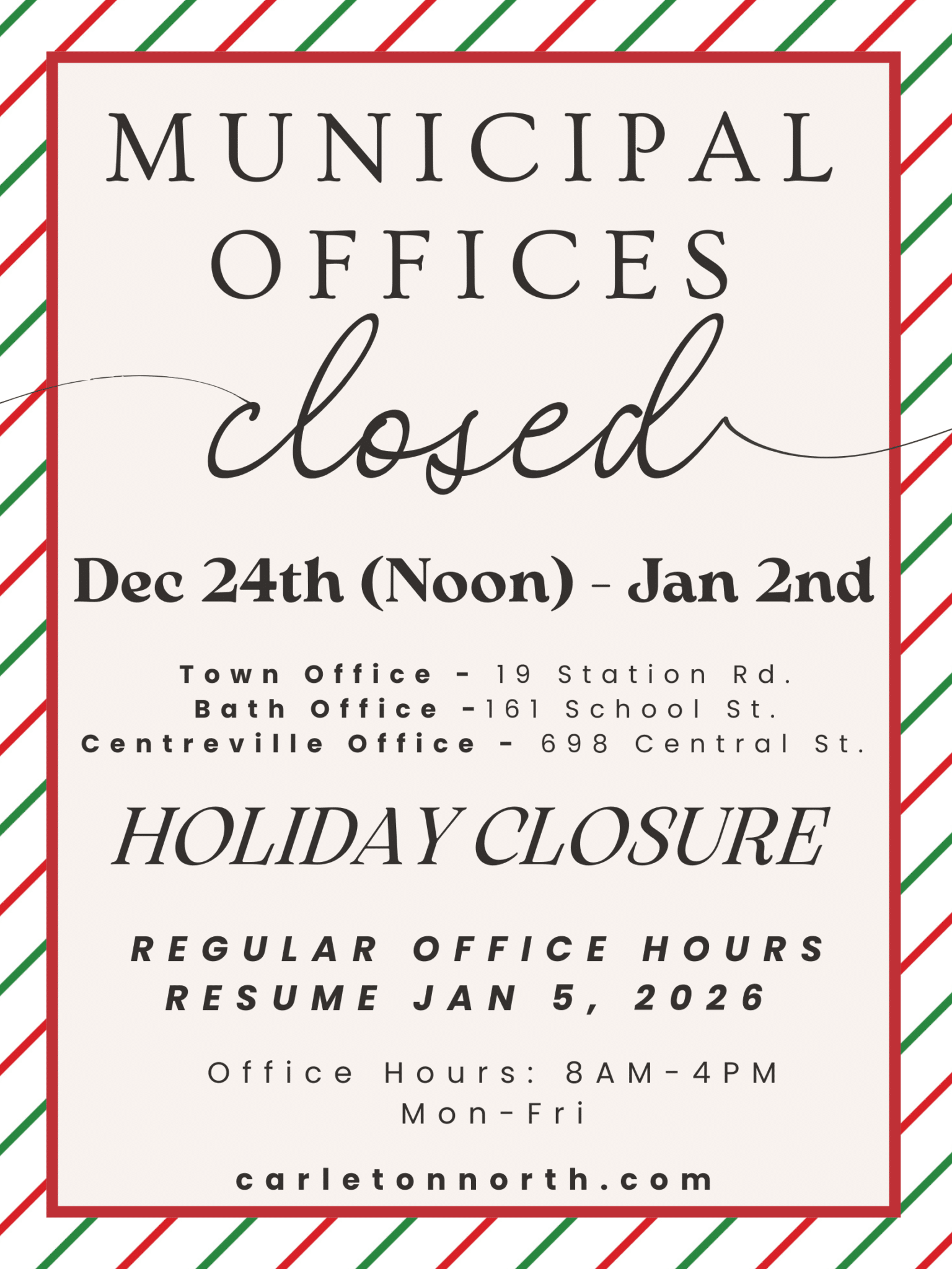 Holiday Closures | District of Carleton North